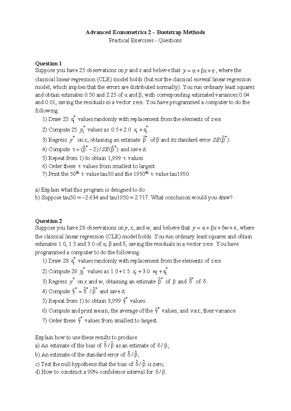 Advanced Econometrics 2: Practical Exercises on Bootstrap Methods ...