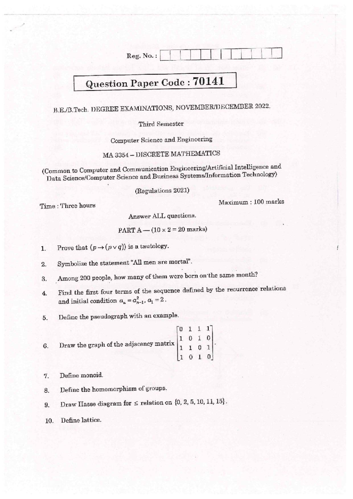 MA 3354 Discrete Mathematics - Question Paper 70141 (Nov-Dec 2022 ...