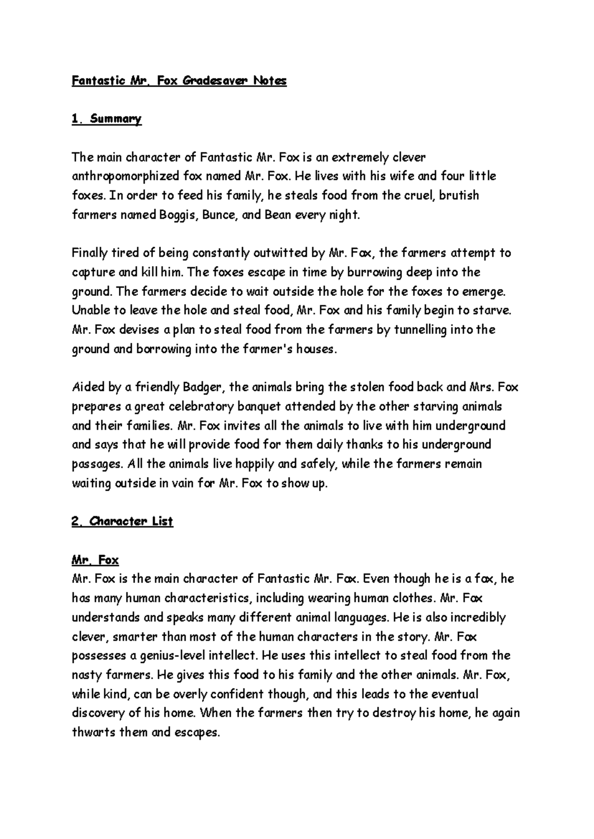 ENGL 101: Fantastic Mr. Fox - Gradesaver Study Notes & Analysis - Studocu