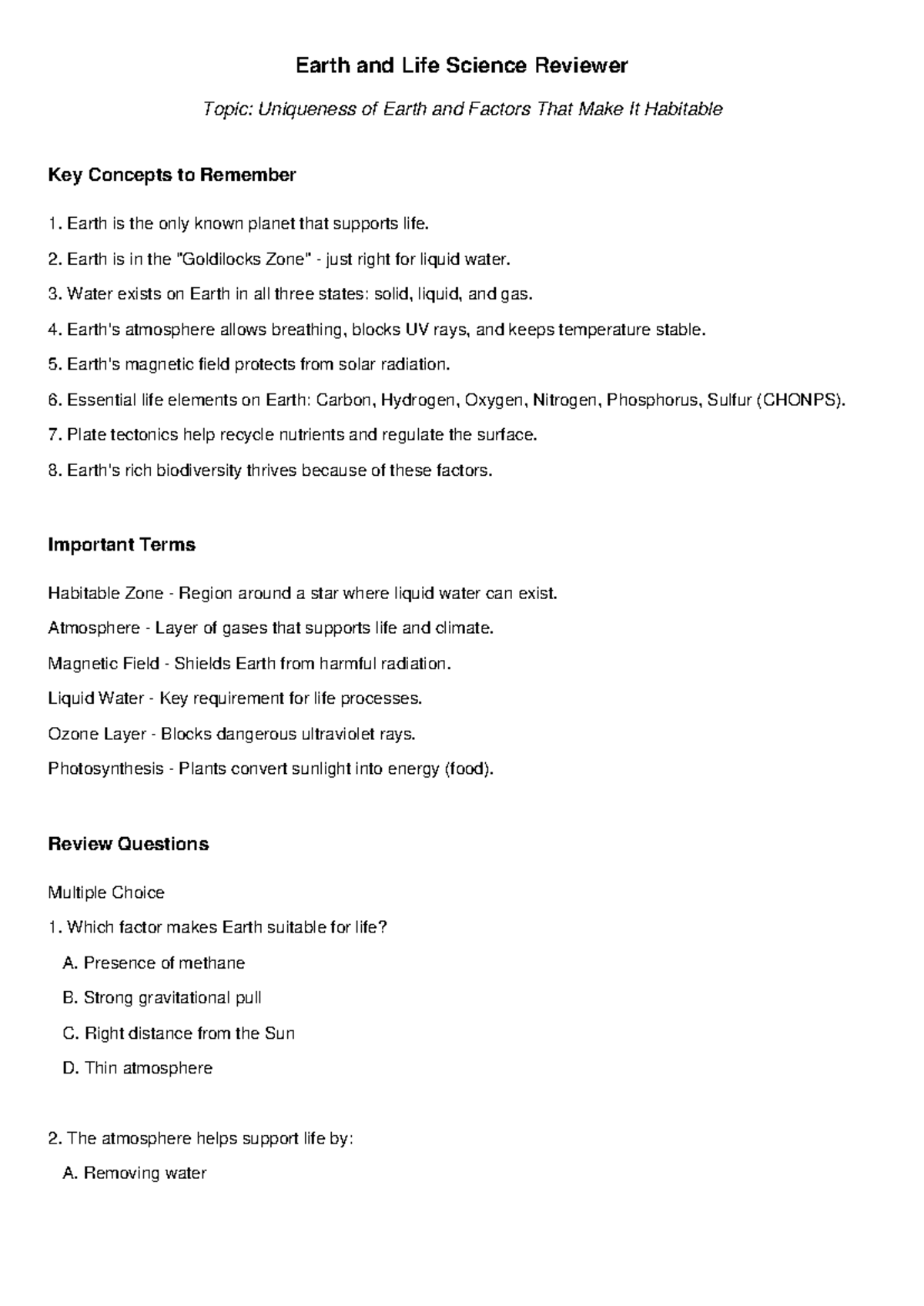 Grade 11 Earth Science Reviewer: Uniqueness of Earth & Habitability ...