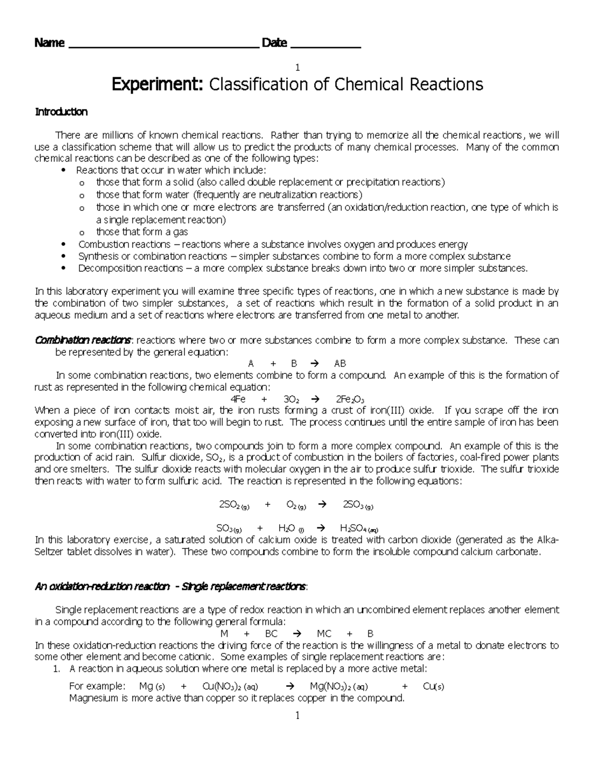 Experiment - Pre Lab Classifying Reactions - 1 Experiment ...