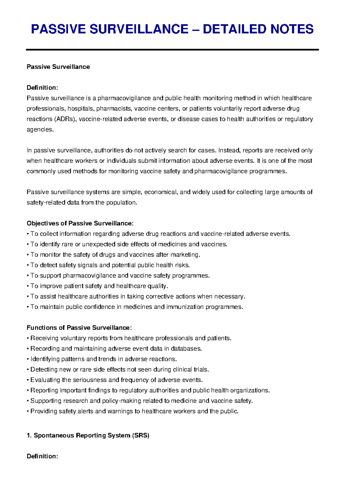 PASSIVE SURVEILLANCE NOTES: SRS & CASE SERIES OVERVIEW - Studocu