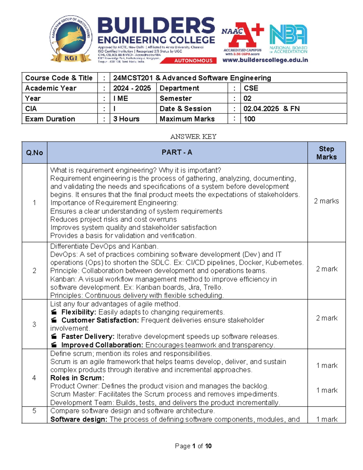 CIA QP Answer Key 24MCST201 Advanced Software Engineering 2024-2025 ...