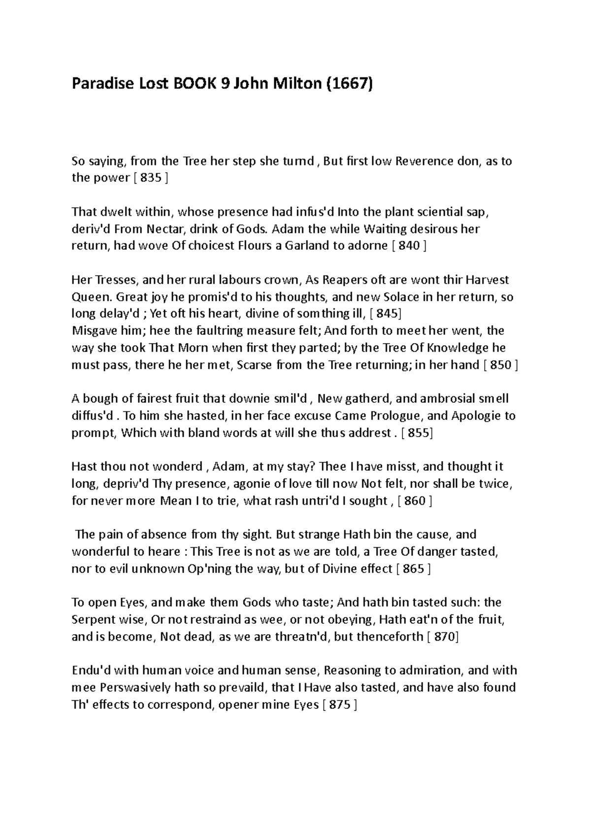 Paradise Lost Book 9 Analysis: John Milton Lines 850-1055 - Studocu