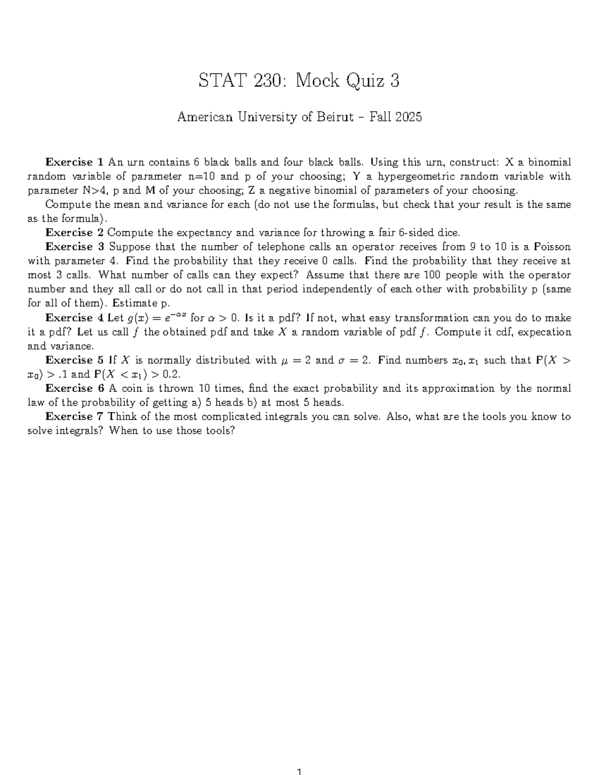 STAT 230: Mock Quiz 3 - Probability Distributions & Expectations - Studocu