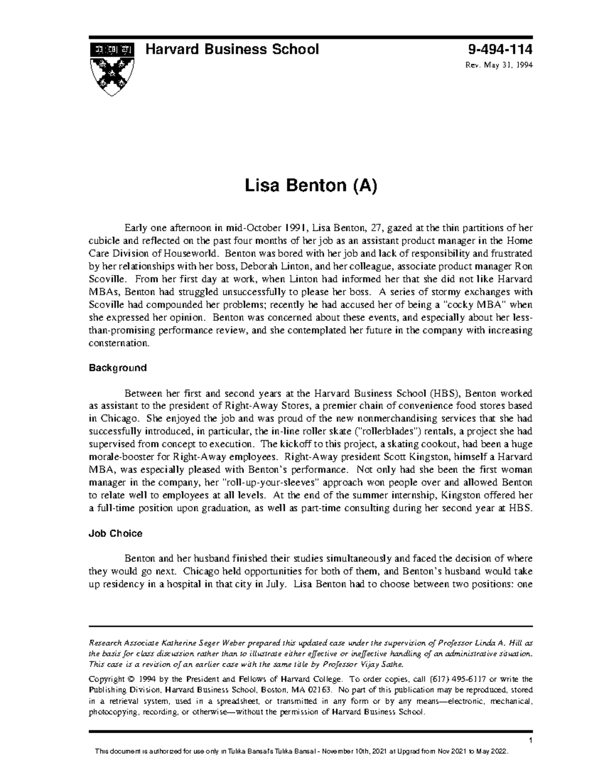 Lisa Benton - Case Study 494-114: Navigating Early Career Challenges ...