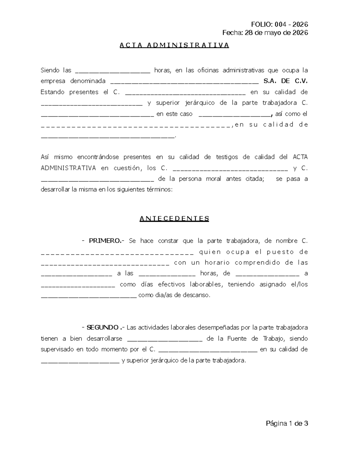 ACTA ADMINISTRATIVA: Faltas y Ausentismo - FOLIO 004 2026 - Studocu
