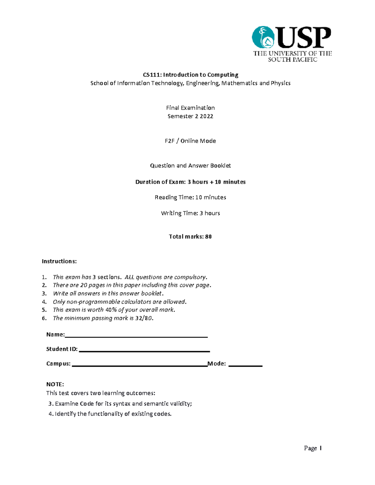 CS111 Final Exam 202203 - Solutions and Q&A Booklet Overview - Studocu