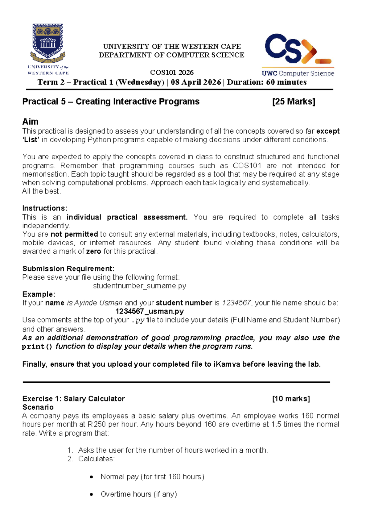 COS101 2026 Term 2 Practical 1: Creating Interactive Programs - Studocu