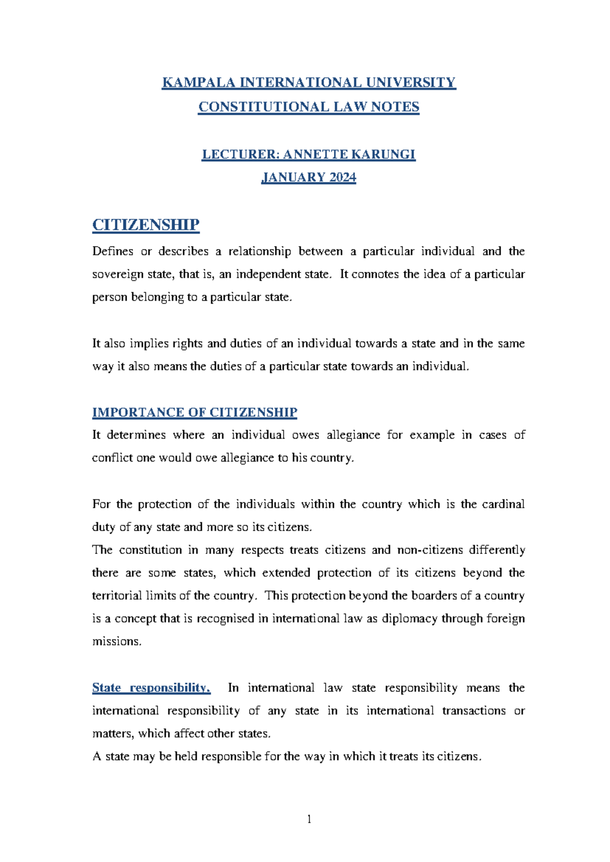 Constitutional Law Notes: Citizenship Overview - KIU January 2024 - Studocu