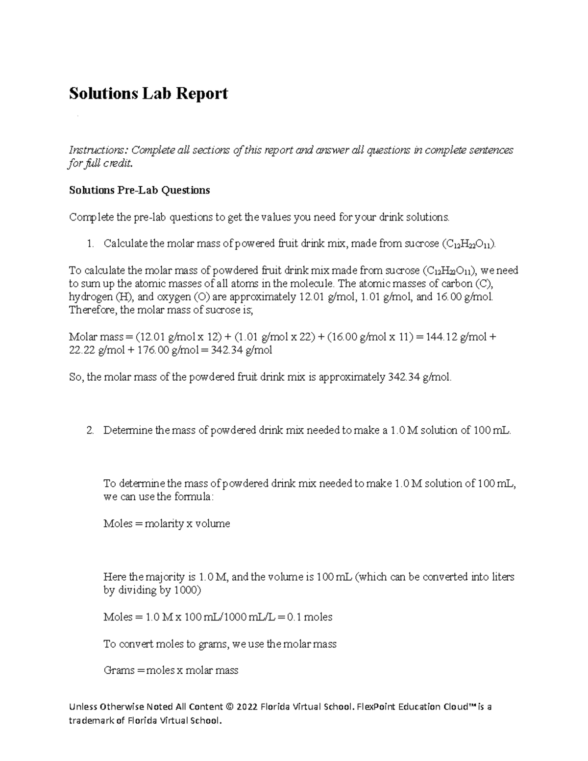 08 03 Lab Report: Calculating Molar Mass and Molarity of Drink ...
