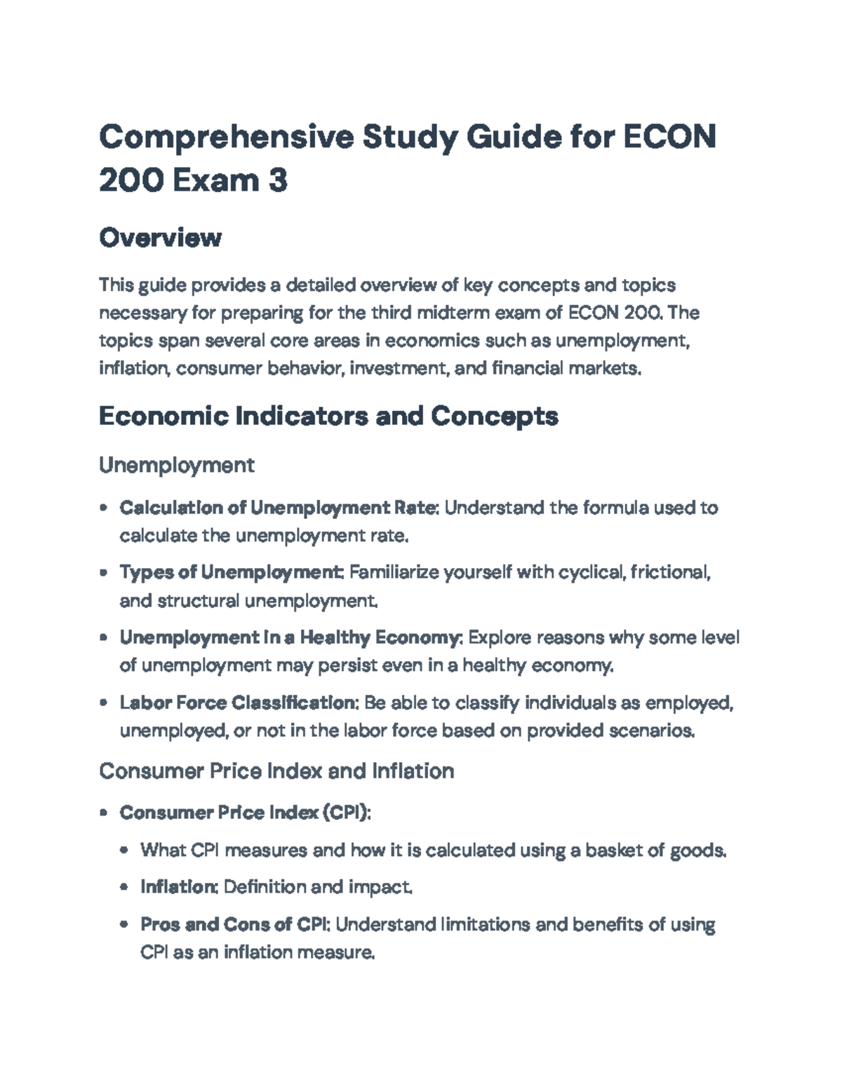 Comprehensive Study Guide for ECON 200: Midterm Exam 3 Review - Comprehensive Study Guide for ...