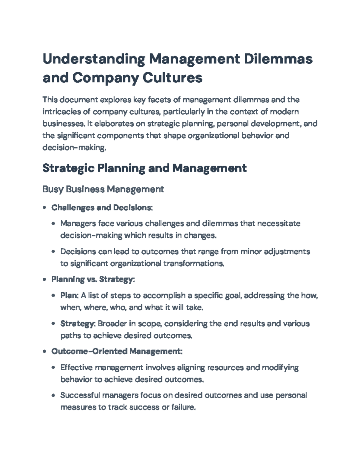 Understanding Management Dilemmas and Company Cultures (BUS 101 ...
