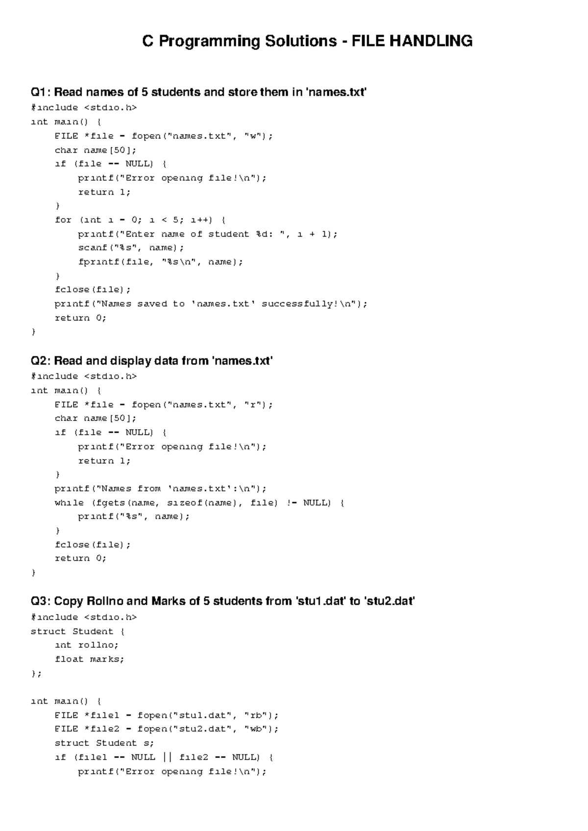 C Programming FILE Handling Solutions - C Programming Solutions - FILE HANDLING Q1: Read names ...