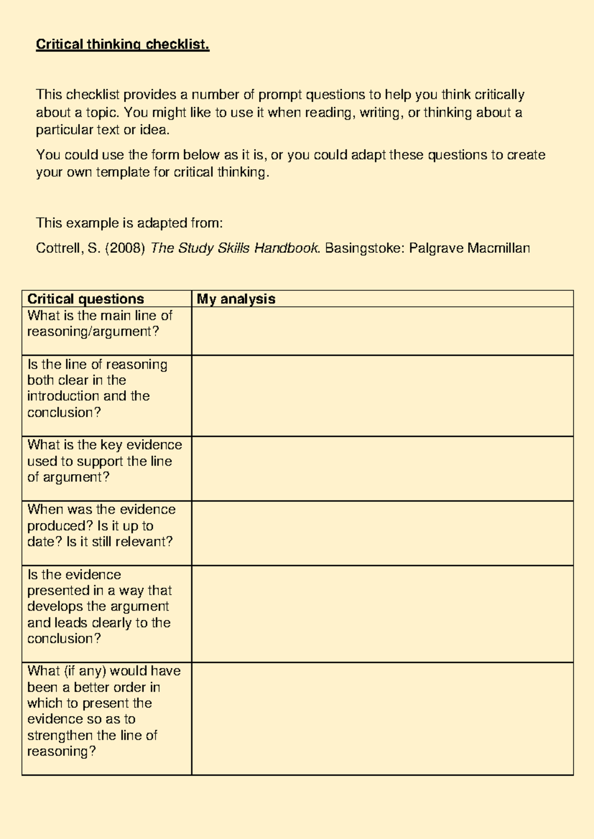 Critical Thinking Checklist for Reading & Writing Analysis - Studocu