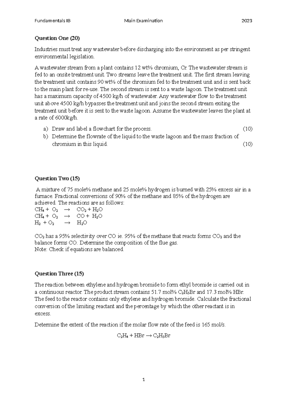 Main Exam 2023 - Chem Eng Fundamentals IB Comprehensive Past Paper ...