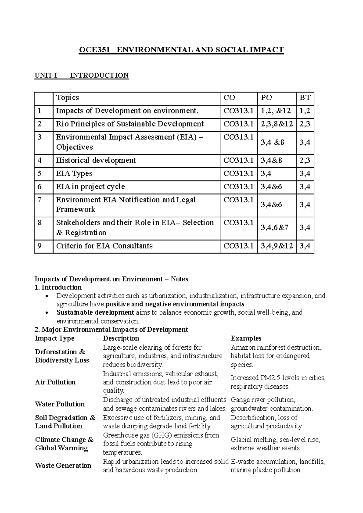 OCE351 Environmental and Social Impact: Unit I Overview and Key Concepts - Studocu
