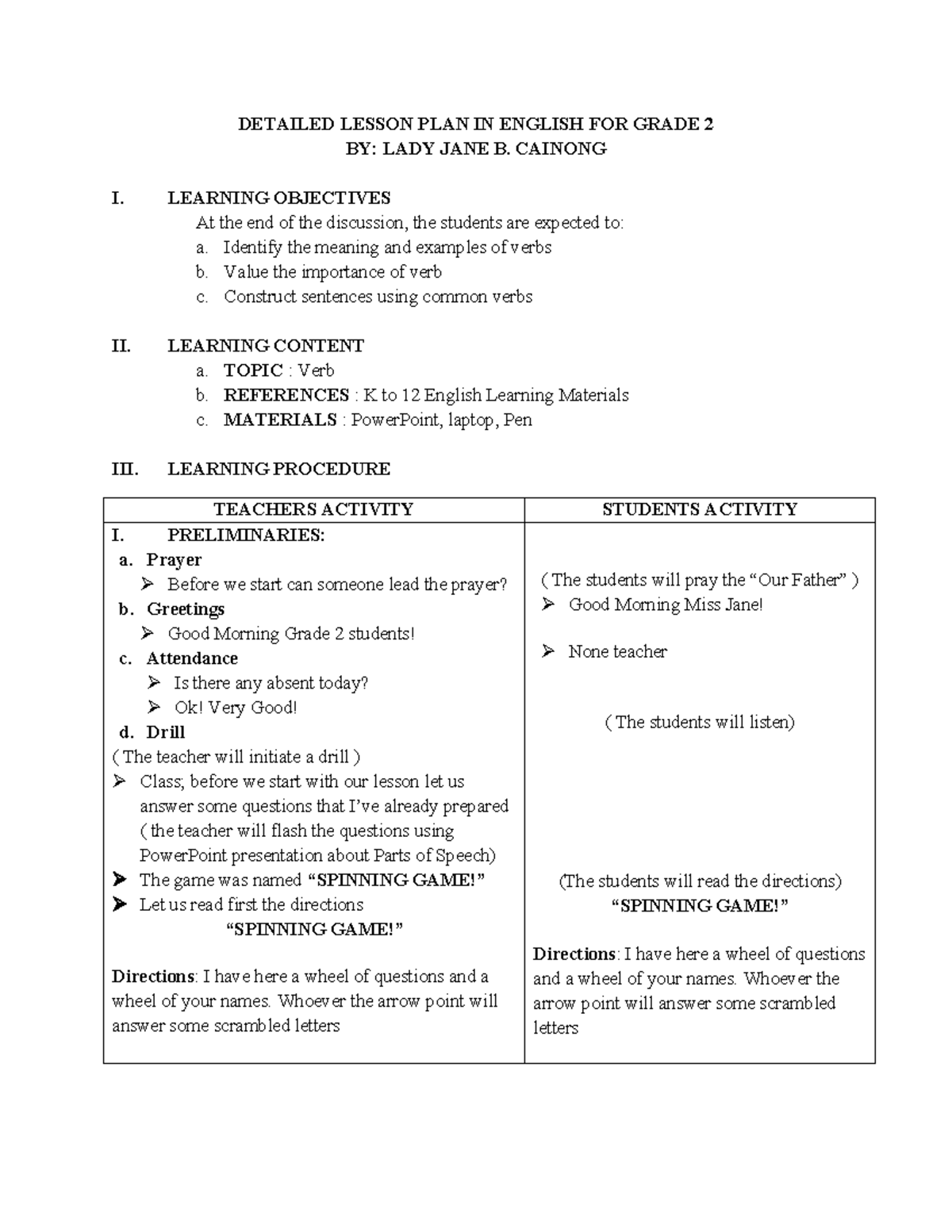 494123900 Grade 2 Detailed Lesson Plan on Verbs by Cainong - Studocu