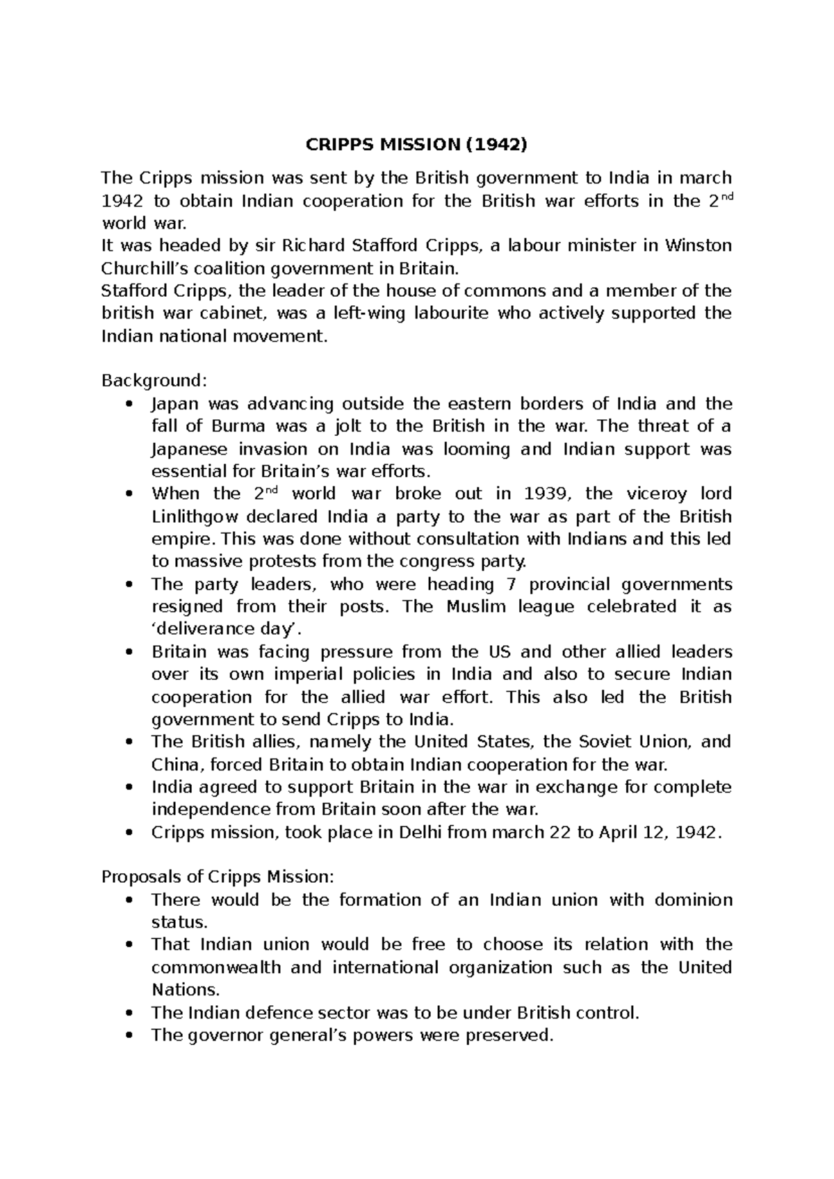 Cripps Mission (1942) and the Quit India Movement: A Study Guide - Studocu