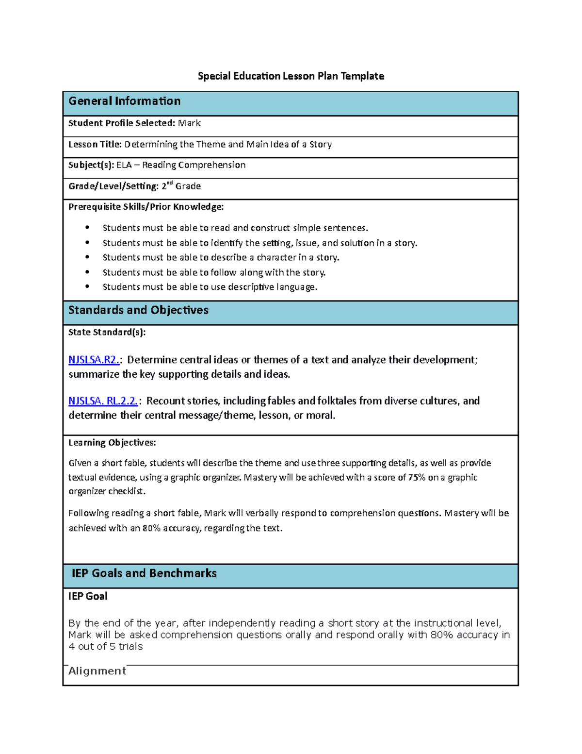 D005- Task 1 Lesson Plan - Special Education Lesson Plan Template ...