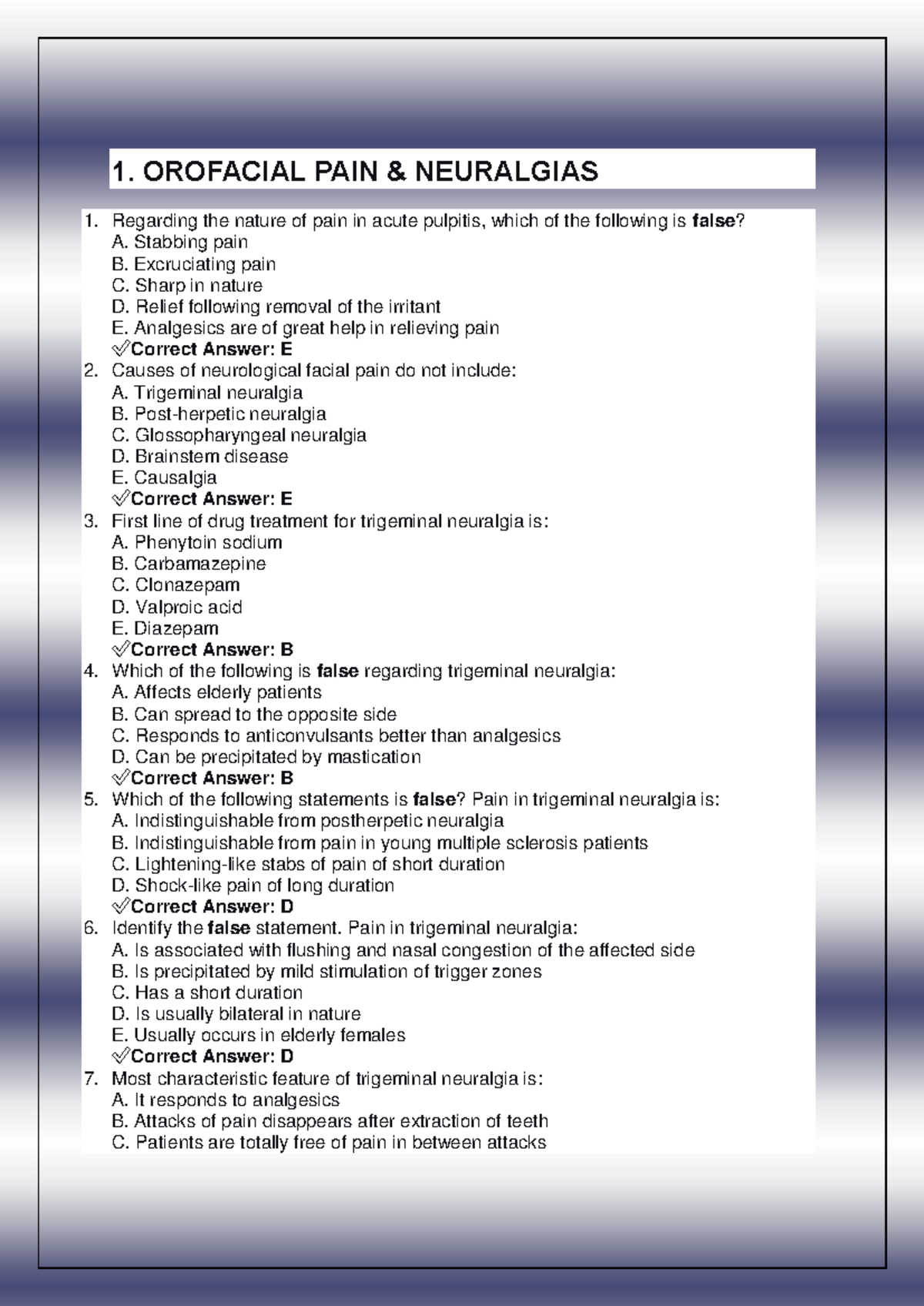 OROFACIAL PAIN NEURALGIAS: Key Concepts and Exam Review - Studocu