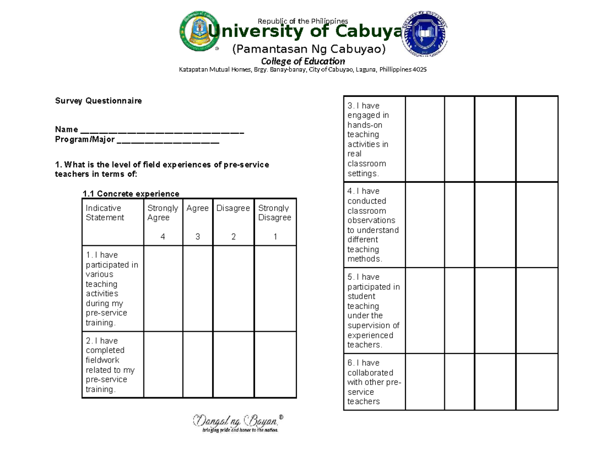 Field Experience Survey Questionnaire for Teacher Readiness Evaluation ...