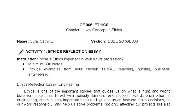 GE 006: ETHICS Activity 1 - Reflection Essay on Engineering Ethics ...
