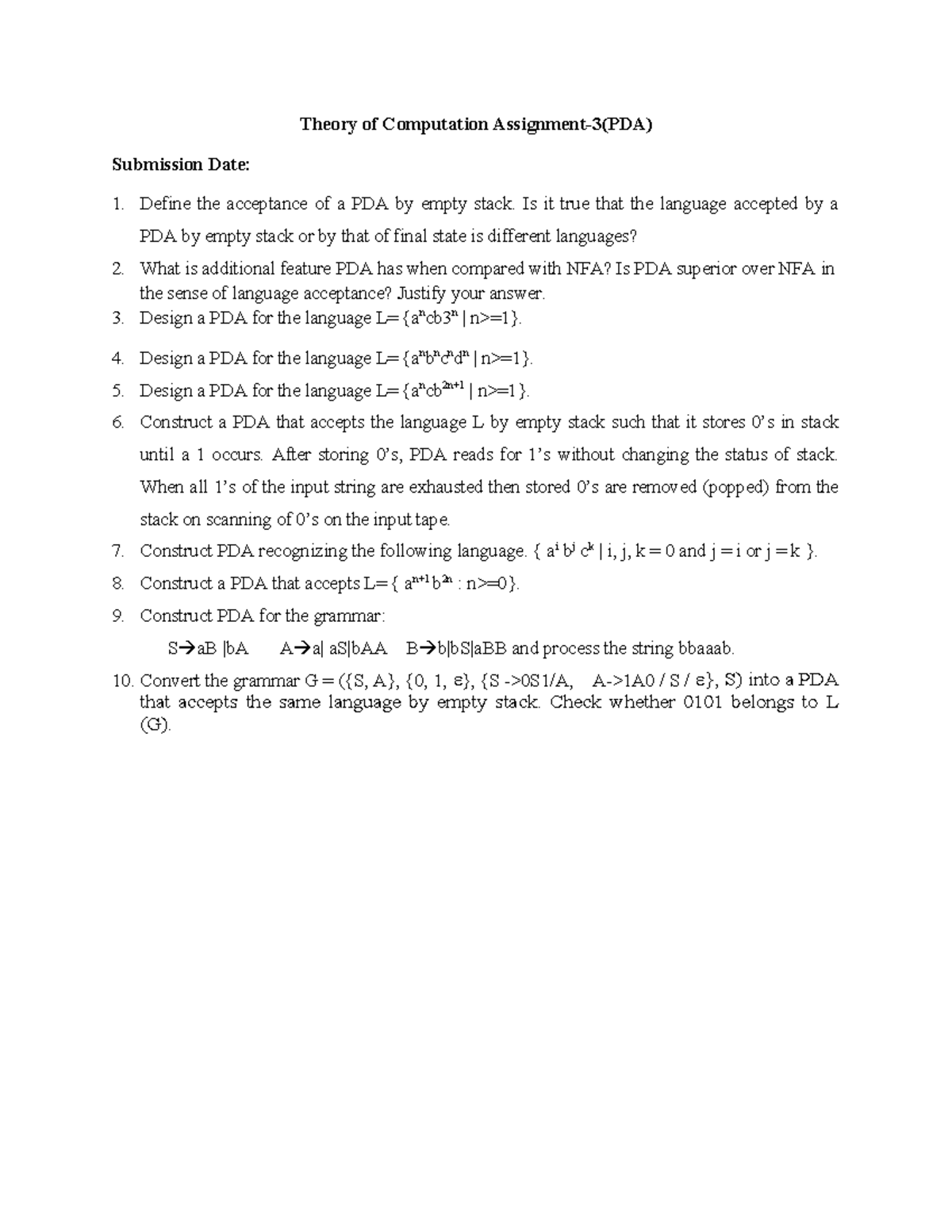 Assignment 3: PDA Theory and Language Acceptance Analysis - Studocu