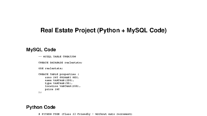 Real Estate Project (CS101) - MySQL & Python Code Overview - Studocu