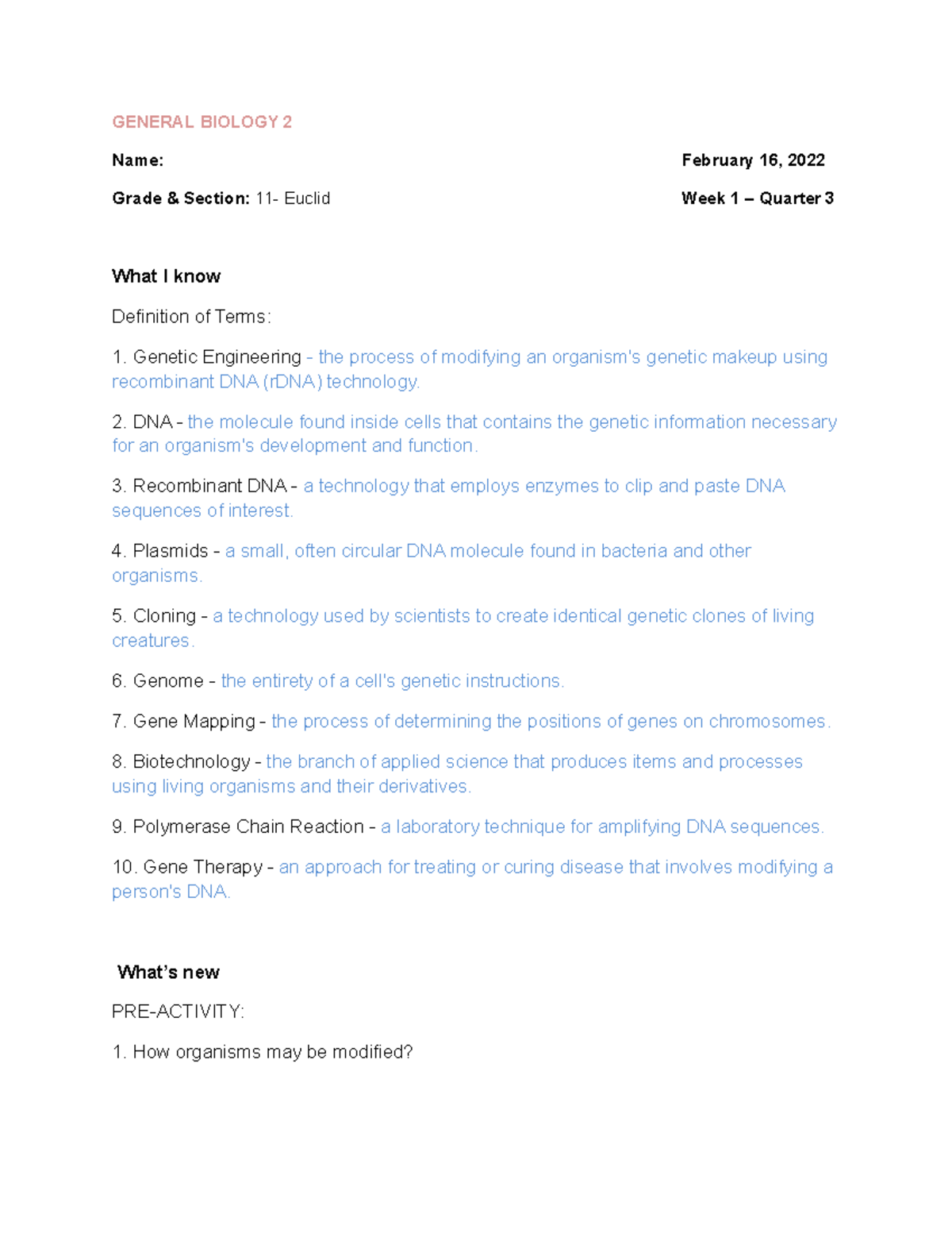 General bio 2 Week 1 - GENERAL BIOLOGY 2 Name: February 16, 2022 Grade ...