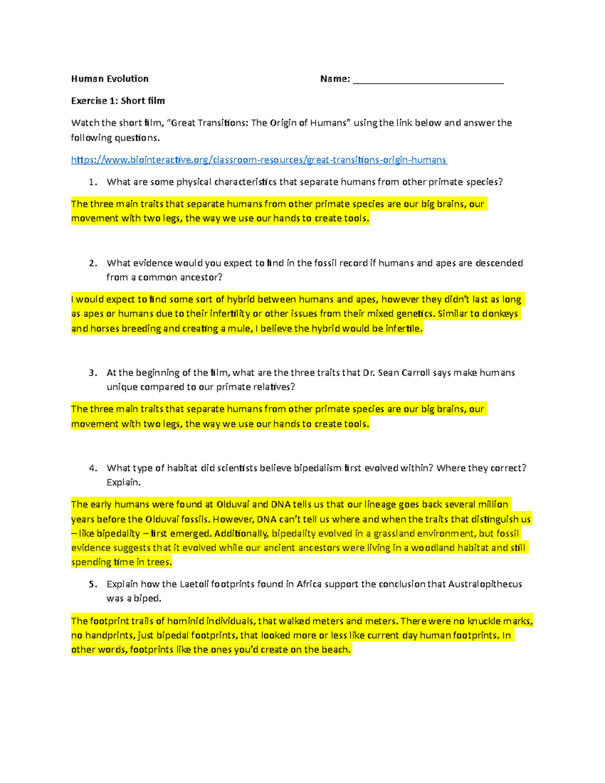Lab 14 short film and skull comparison - Human Evolution Name
