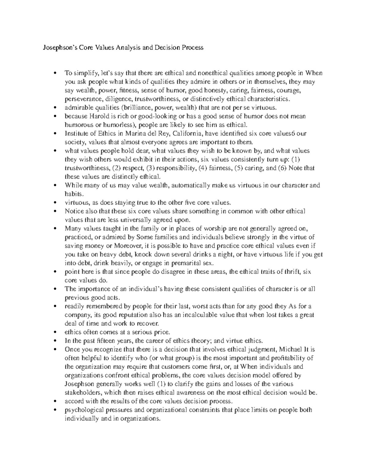 Analysis of Josephson's Core Values in Decision-Making Process - Studocu