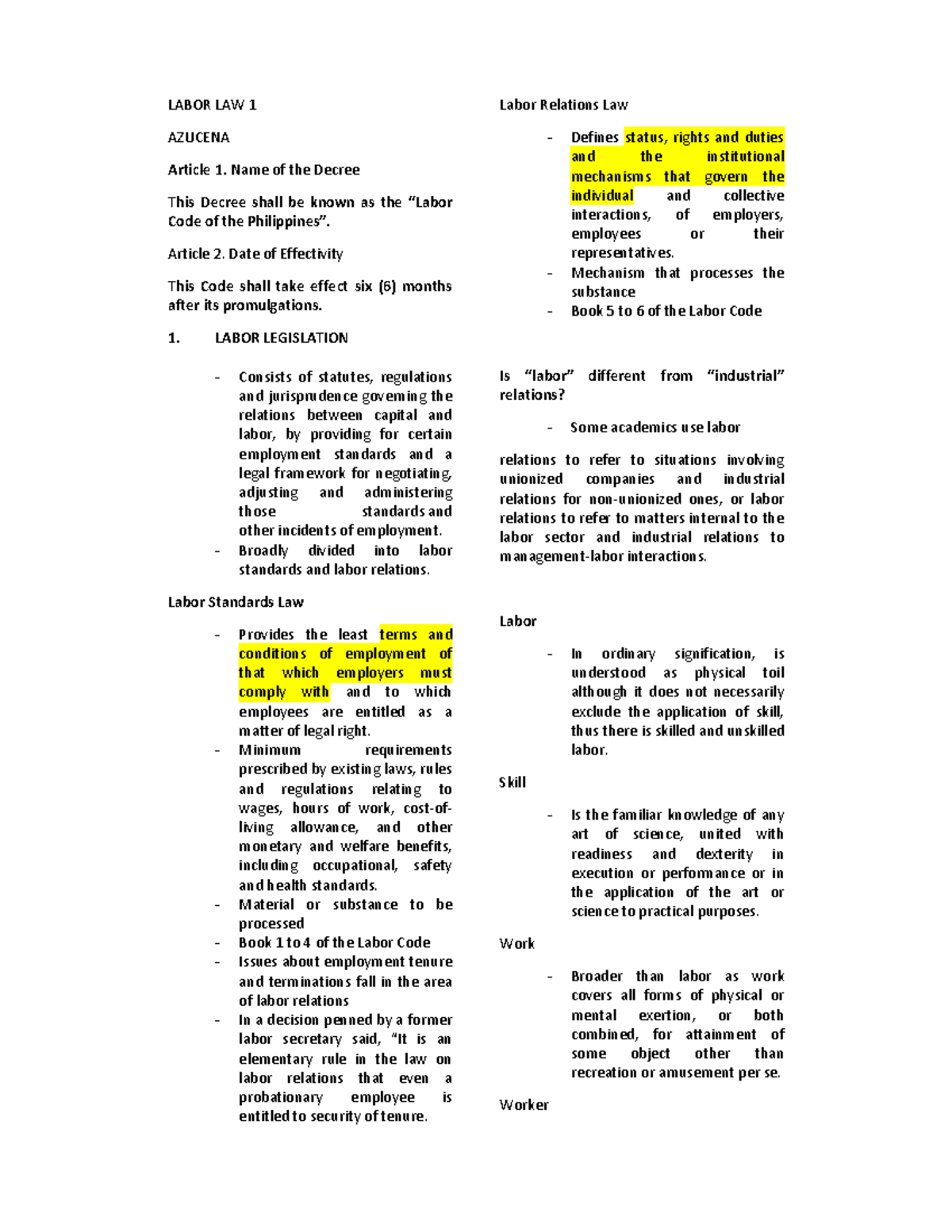 LABOR LAW 1: Overview of Labor Relations and Legislation - Studocu