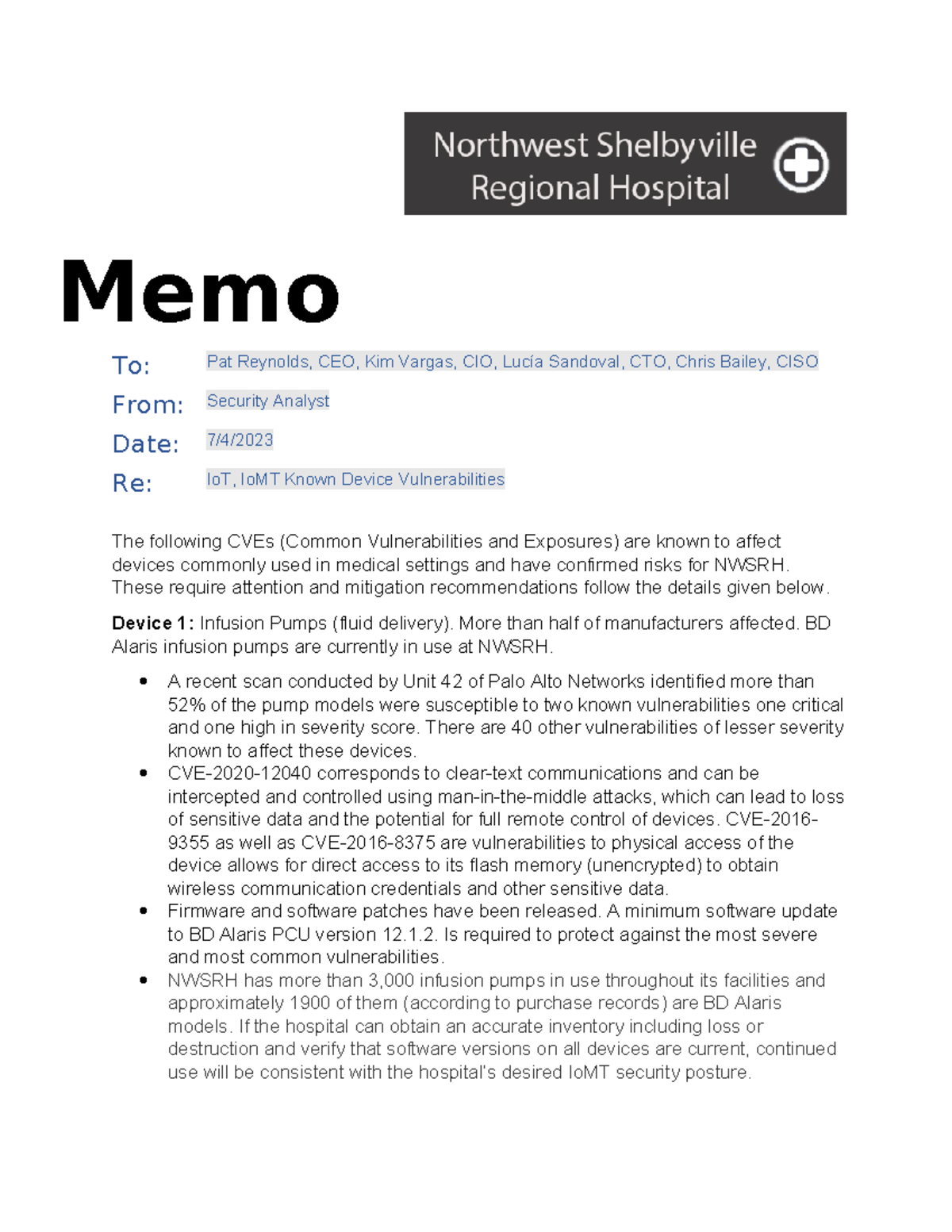 CMIT320 Project 1: IoT & IoMT Device Vulnerabilities Memo - Studocu