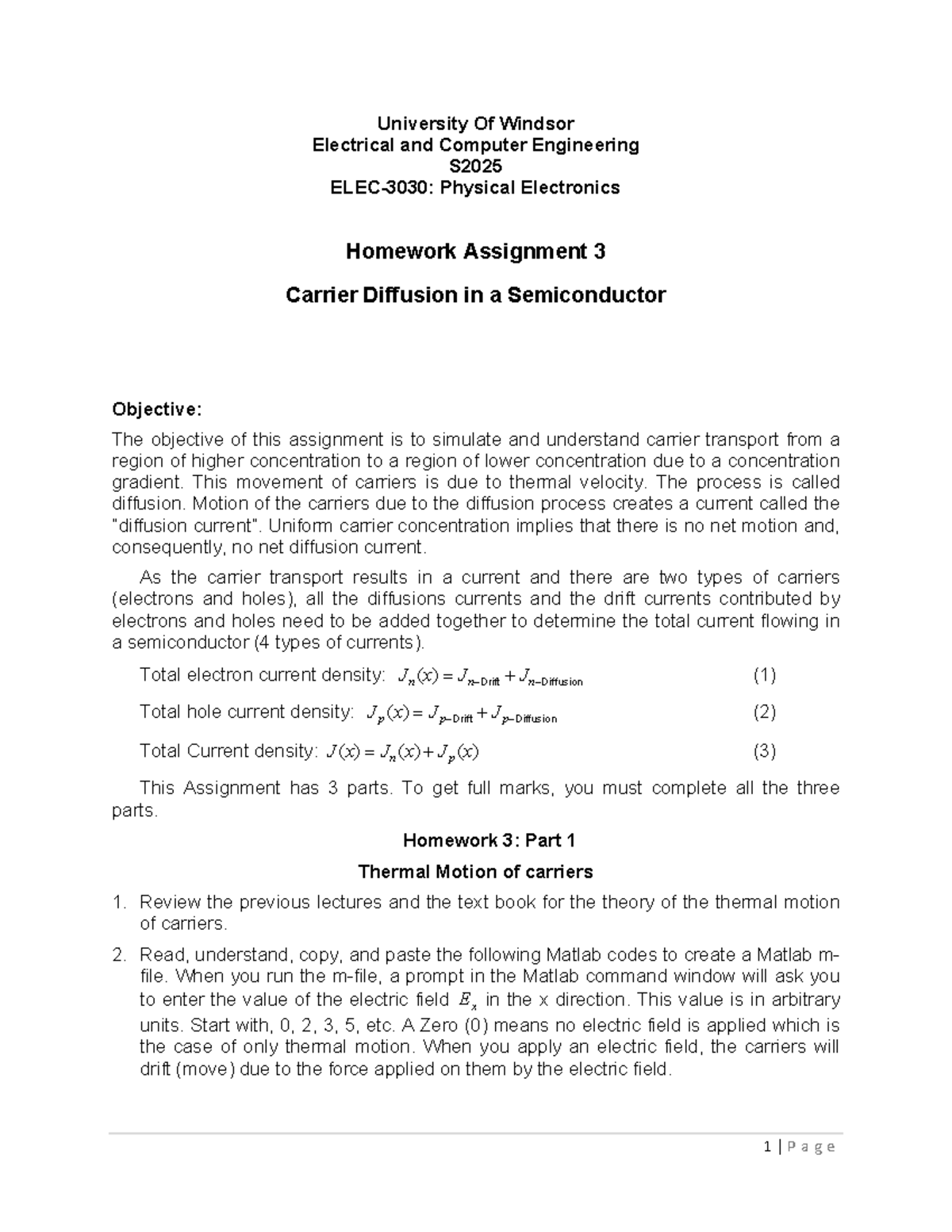 HW 3-2025: Physical Electronics Assignment 3 - Carrier Diffusion in ...