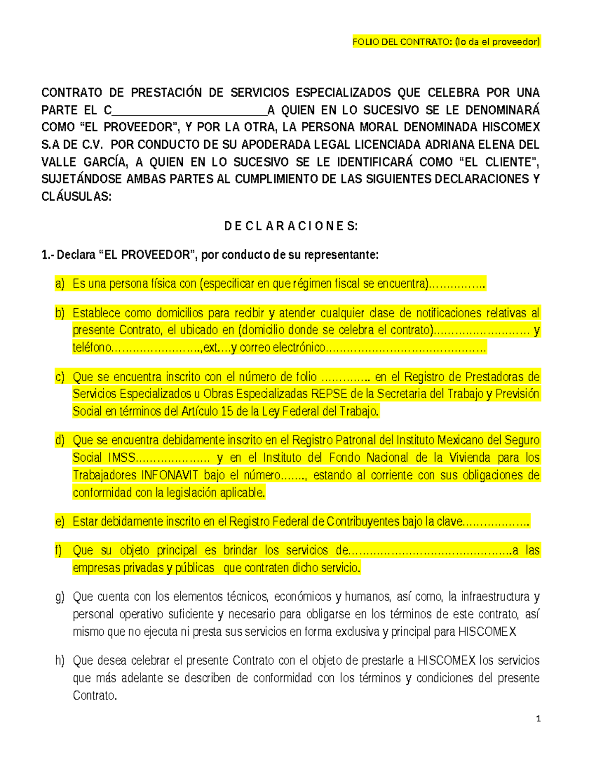 Contrato de Prestación de Servicios Especializados REPSE-Hiscomex - Studocu