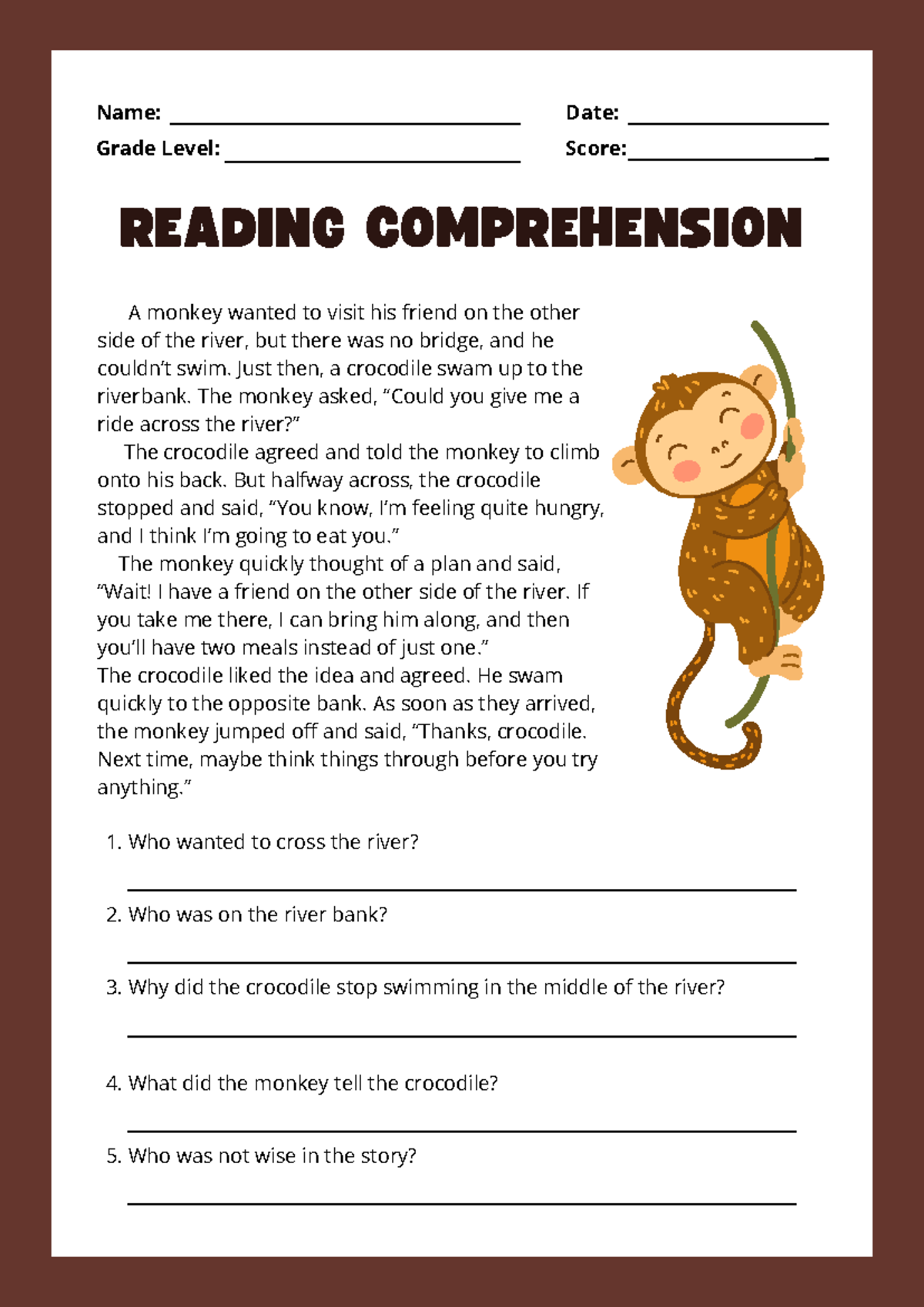 Reading Comprehension Worksheet: Monkey and Crocodile Story - Studocu