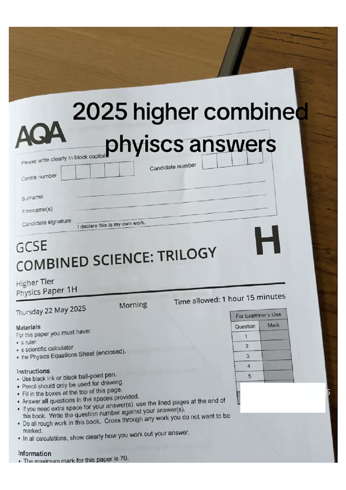 AQA GCSE COMBINED SCIENCE: TRILOGY H Physics Practice Paper 2025 - Studocu