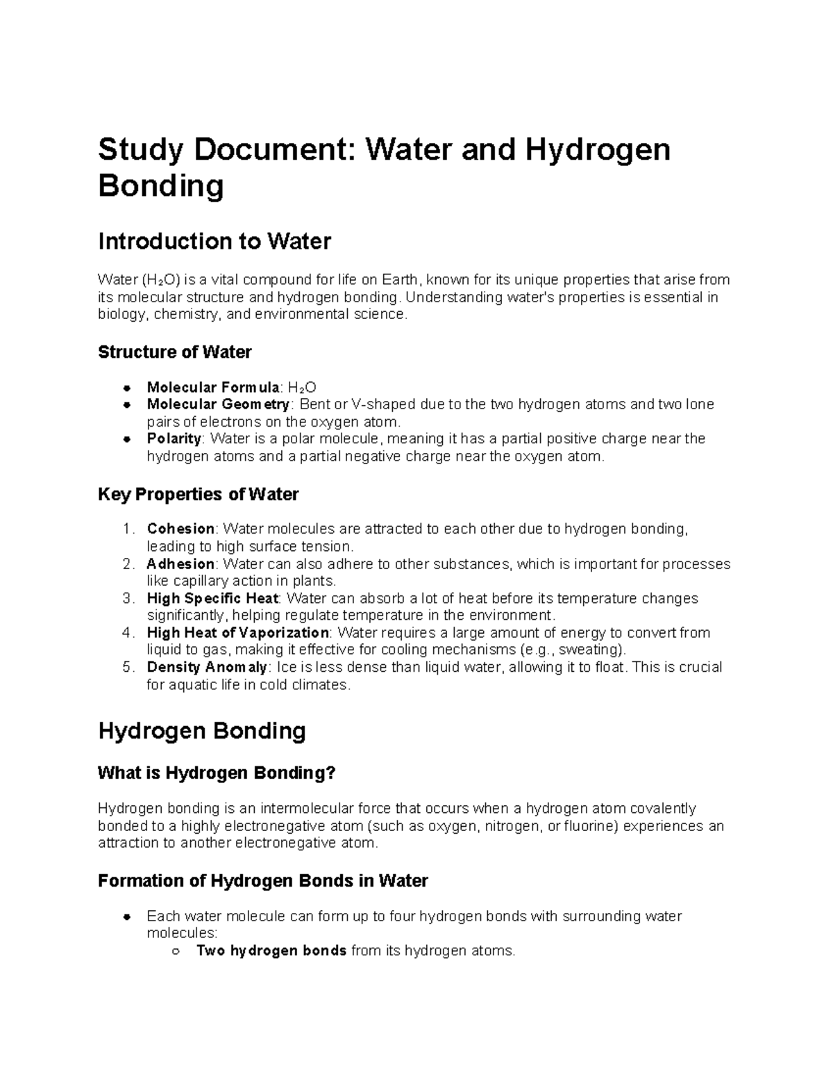 Water and Hydrogen Bonding: Key Properties and Concepts - Studocu