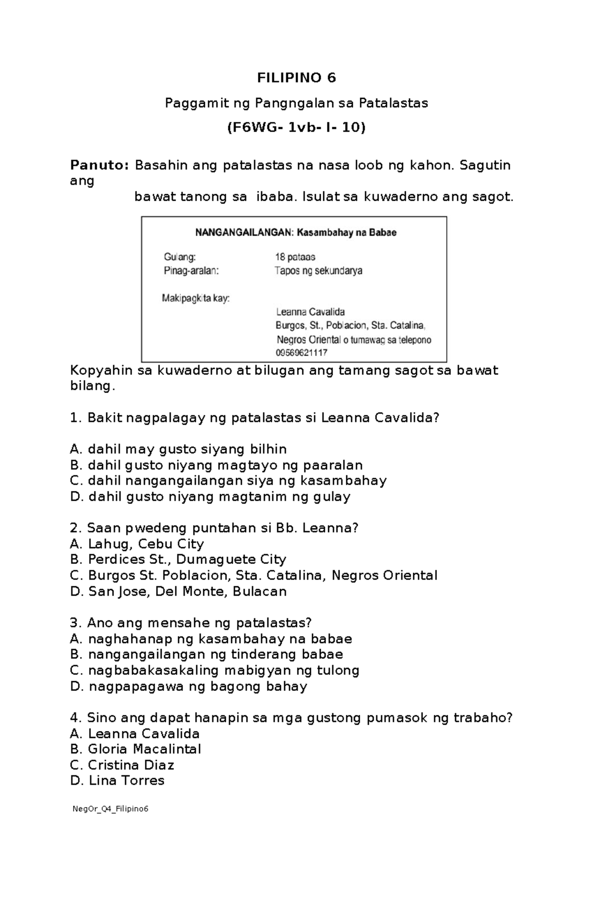 Filipino 6: Aralin sa Paggamit ng Pangngalan sa Patalastas - Lesson 7 ...
