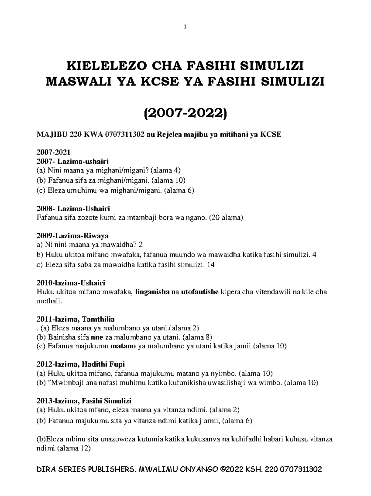 KIELELEZO CHA FASIHI SIMULIZI: Maswali na Majibu ya KCSE 2007-2021 ...