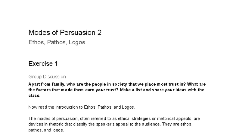 Modes of Persuasion 2: Ethos, Pathos, Logos Group Discussion Exercise ...