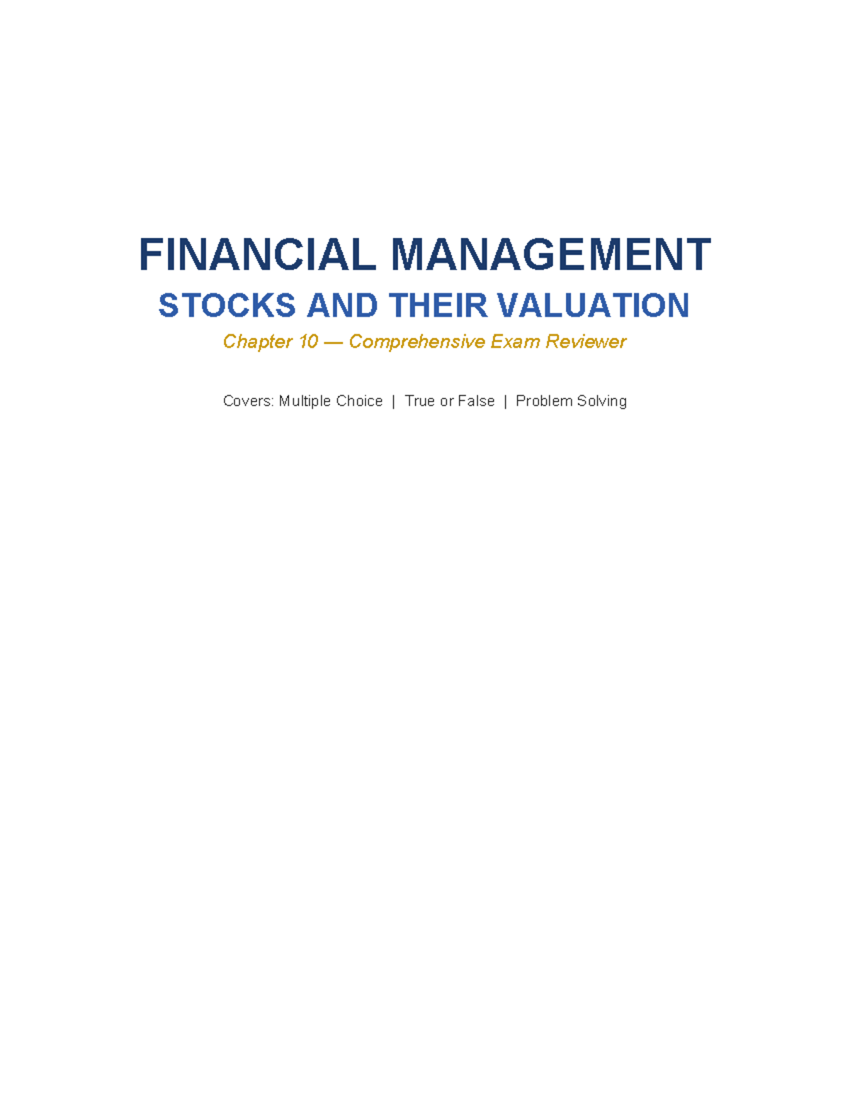 FIN 301 Comprehensive Exam Reviewer: Stocks & Valuation Insights - Studocu