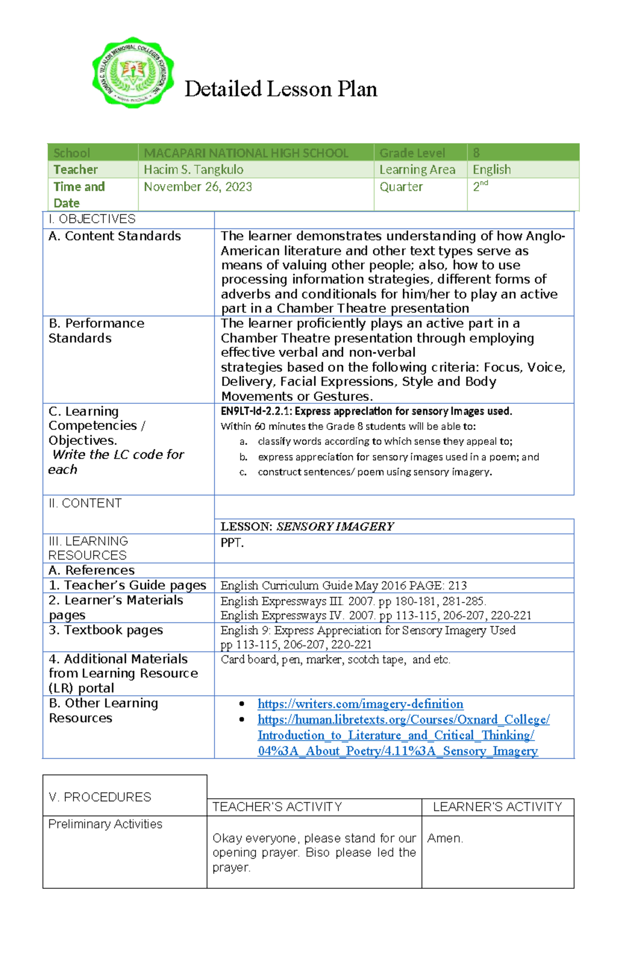 Detailed Lesson Plan for Grade 8 English: Sensory Imagery (MACAPARI ...