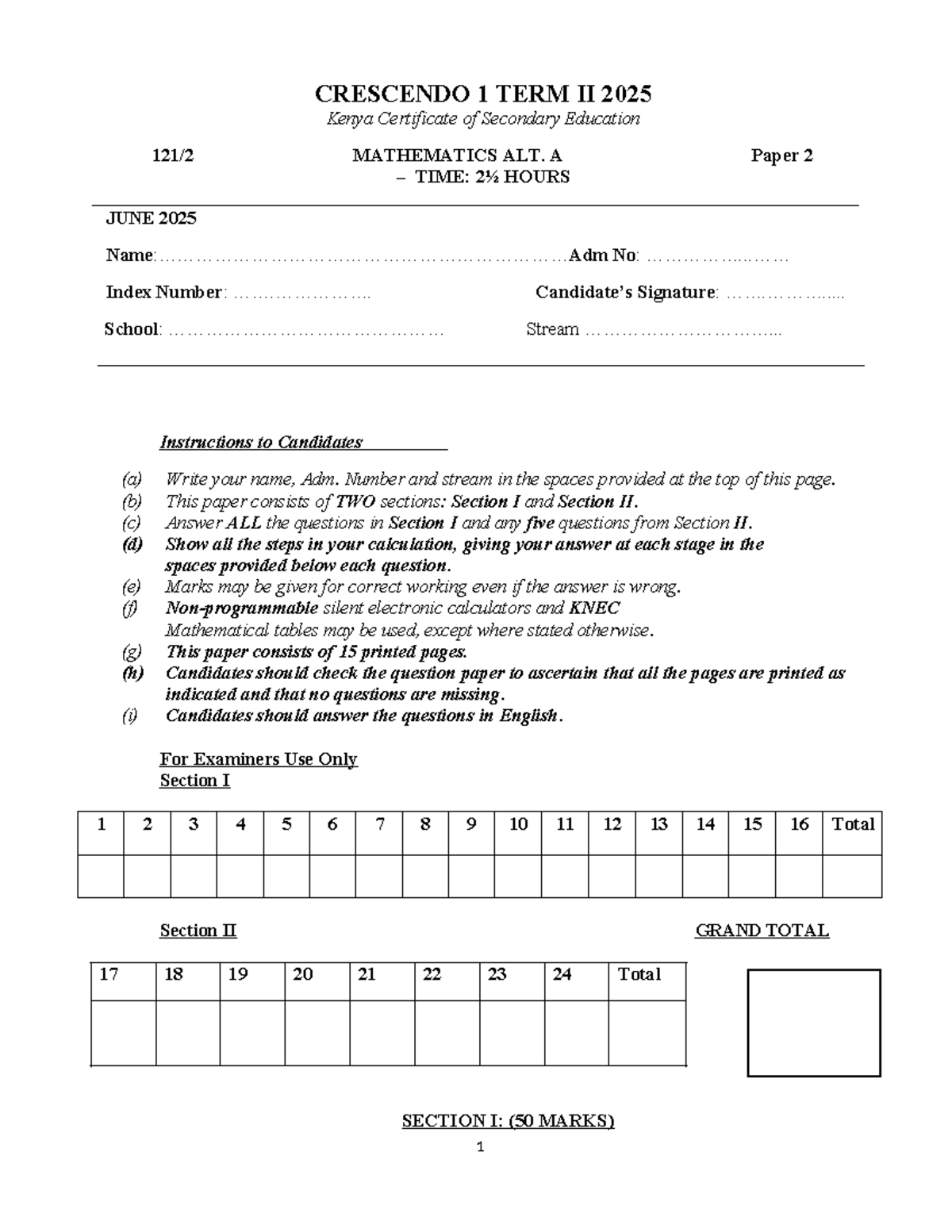 MAT 2025 KCSE Mathematics Paper 2 - Term II Exam Guide - Studocu