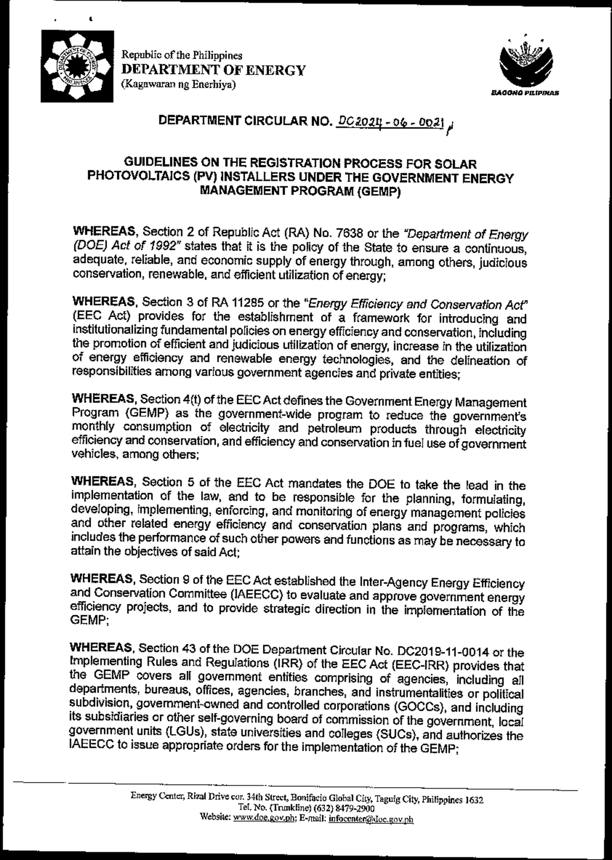 DC2024-06-0021 Guidelines for Solar PV Installer Registration under GEMP - Studocu