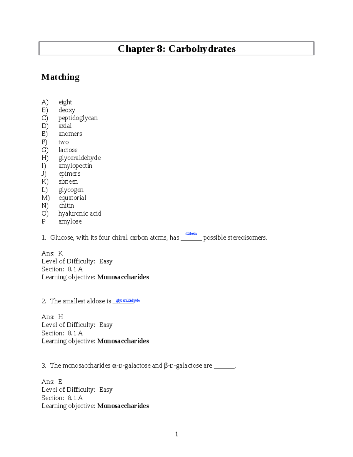 Chapter 8: Carbohydrates Study Guide and Matching Questions - Studocu