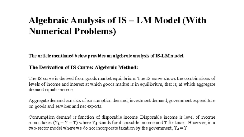 IS-LM Model Analysis: Algebraic Derivation & Numerical Problems - Studocu