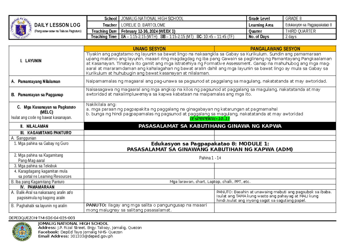 ESP 8 DLL 3RD Quarter - WEEK 1 Lesson Plan and Activities - Studocu