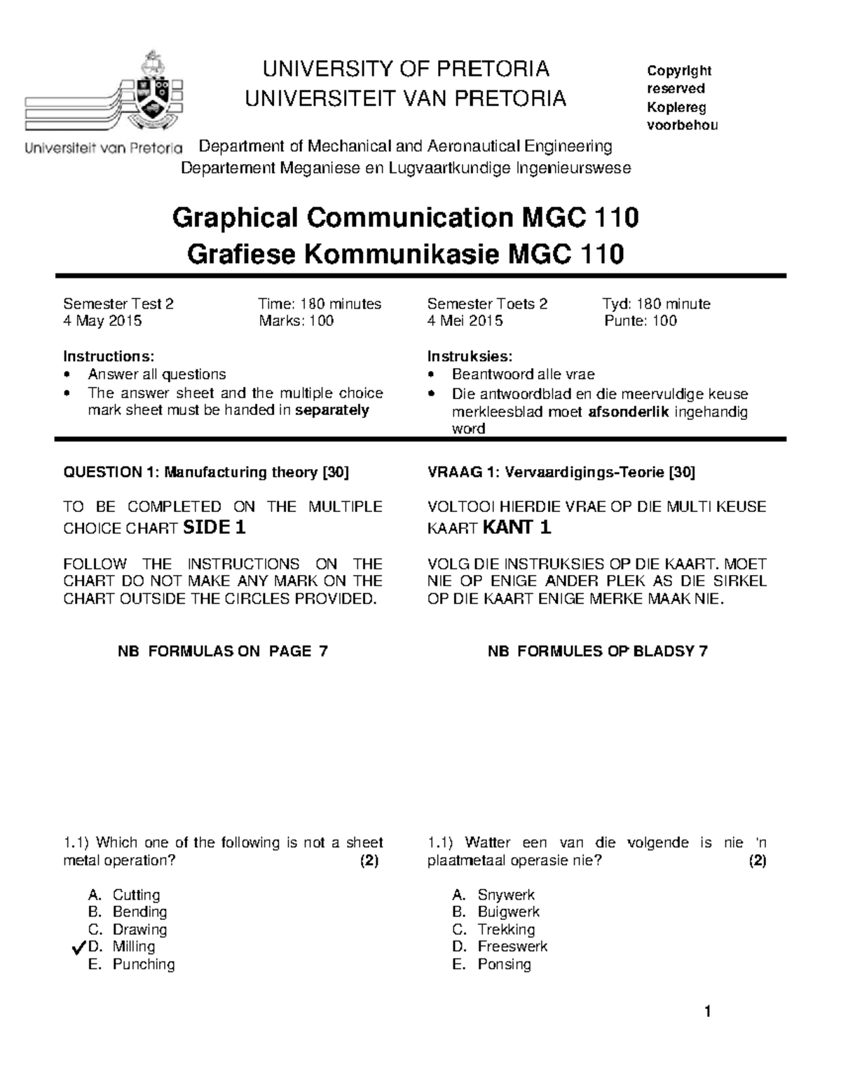 MGC 110 Semester Test 2: Graphical Communication 2015 - Studocu